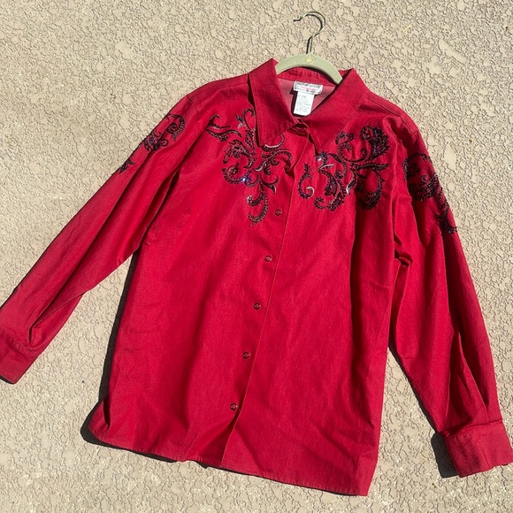Victor Costa | Tops | Vintage Victor Costa Red Beaded Button Down Shirt ...